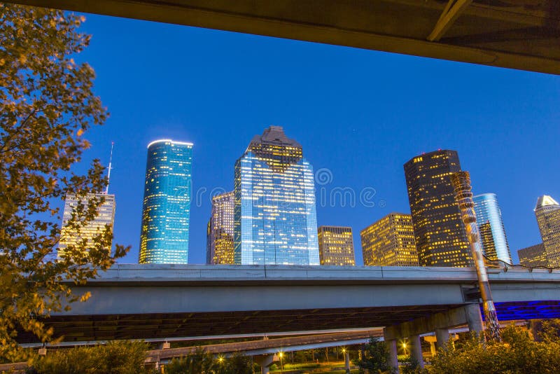 View on Downtown Houston by Night Stock Photo - Image of city, blue ...