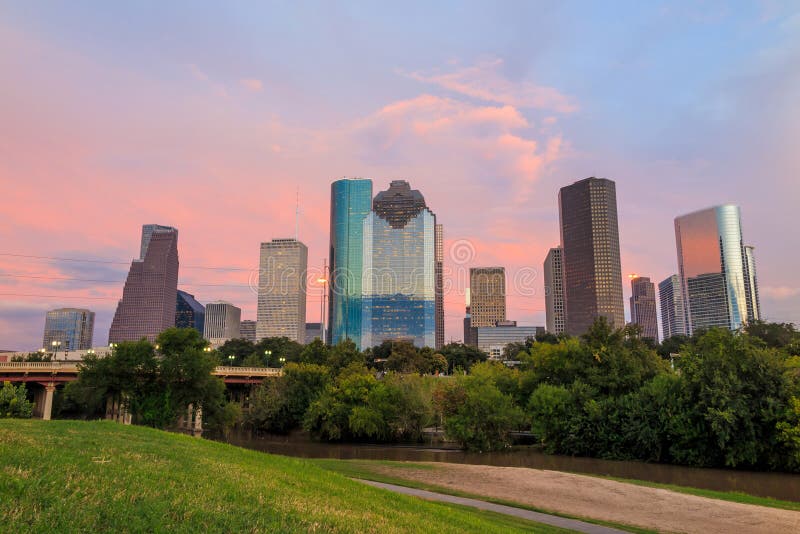 View of Downtown Houston at Twilight Stock Image - Image of grass, city ...