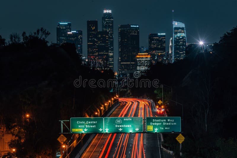View of the Downtown Los Angeles Skyline and 110 Freeway at Night, from ...