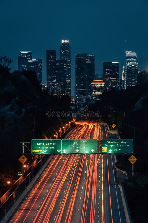 View of the Downtown Los Angeles Skyline and 110 Freeway at Night, from ...