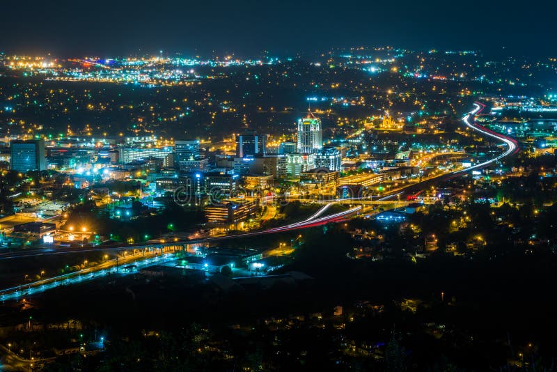 View of the Downtown Roanoke Skyline at Night, from Mill Mountain in ...