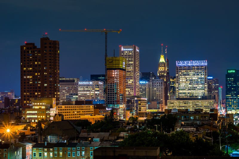 View of the Downtown Skyline at Night, in Baltimore, Maryland Editorial ...