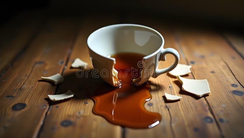 A Dramatic Close-up of a Broken Teacup with Spilled Tea on a Wooden Surface Stock Illustration ...