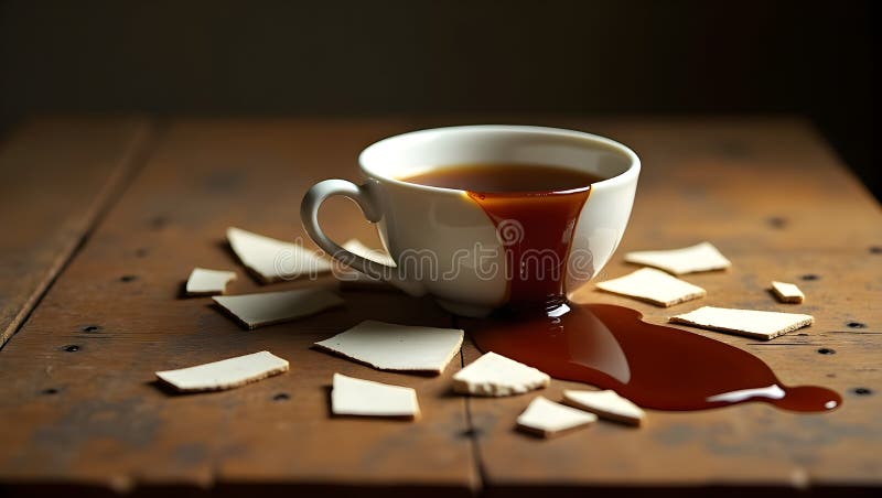 A Dramatic Close-up of a Broken Teacup with Spilled Tea on a Wooden Surface Stock Illustration ...