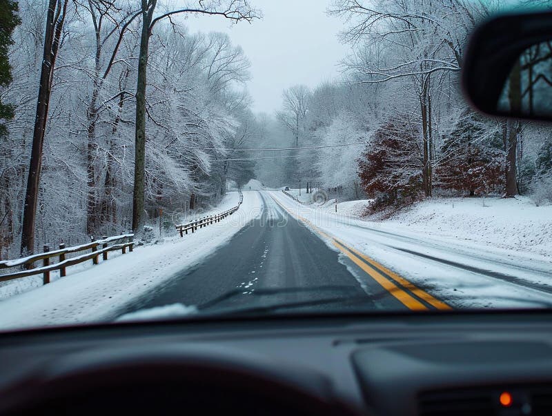 View from the Driver S Seat Behind the Wheel of a Winter Landscape Half ...