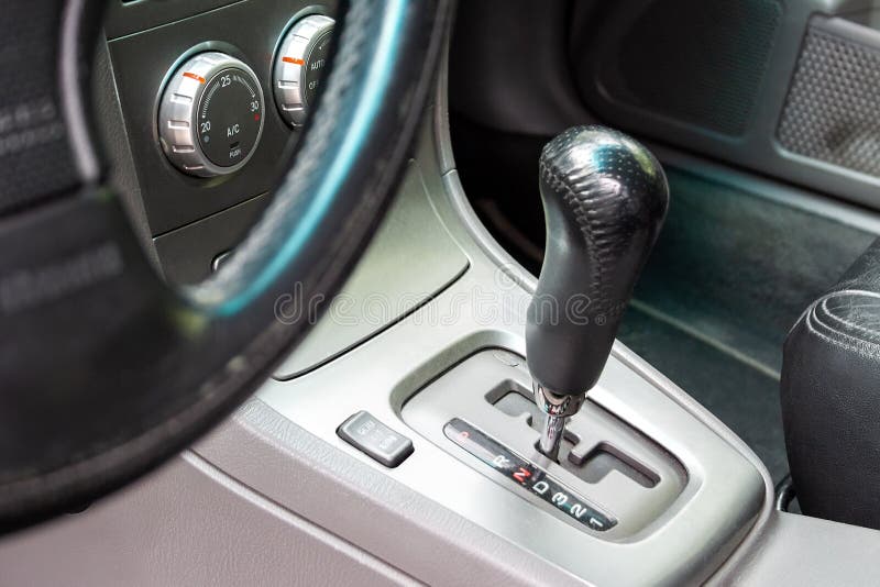 View from the Driver`s Seat of the Gear Shift Lever in a Car with an ...