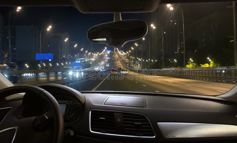 View from Driving Car on Night Traffic in City Stock Photo - Image of ...