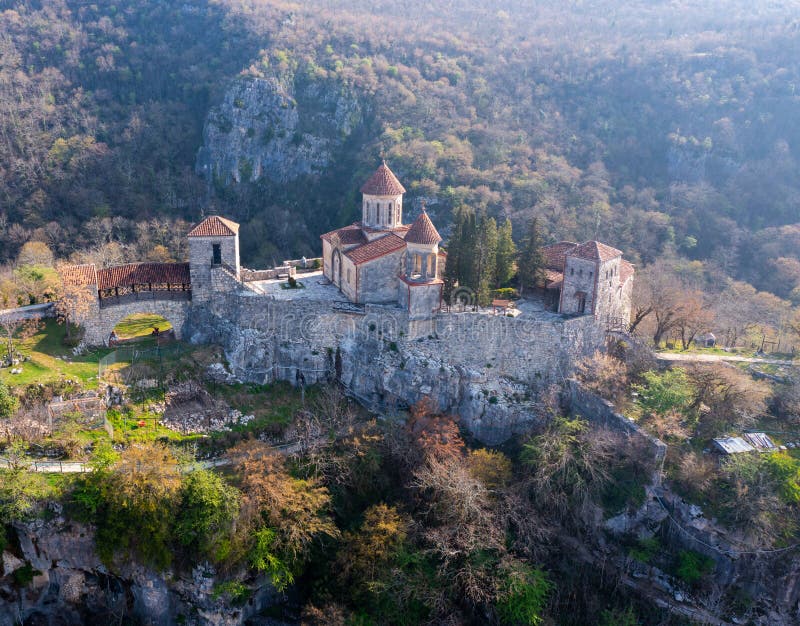 View from Drone of Motsameta Monastery Complex on Rock, Georgia Stock ...