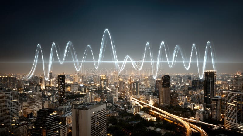 View of a Dynamic City Skyline at Dusk with Sound Waves and Digital ...