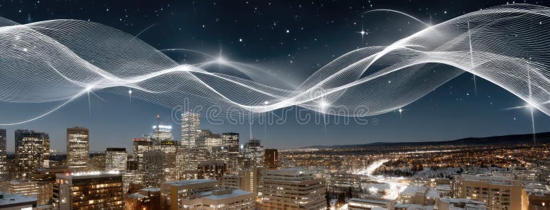 View of a Dynamic City Skyline at Dusk with Sound Waves and Digital ...