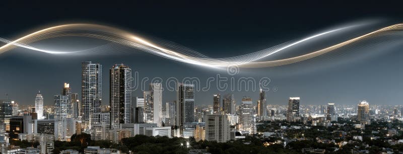 View of a Dynamic City Skyline at Dusk with Sound Waves and Digital ...
