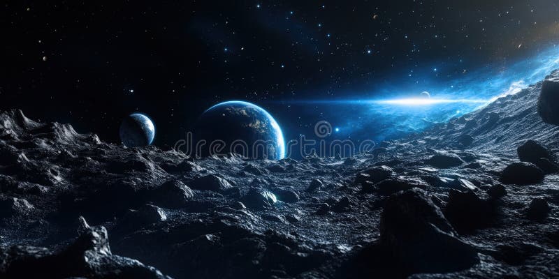 View of Earth from the Moon with a Crescent Moon Behind Stock Photo ...