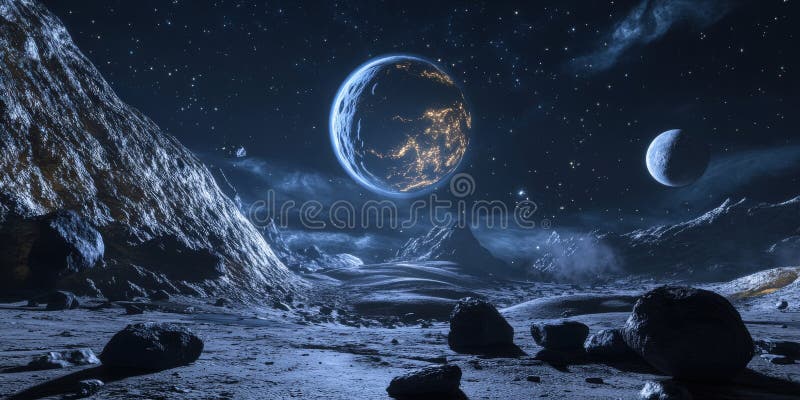 View of Earth from the Moon with a Crescent Moon Behind Stock Photo ...