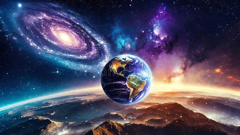 View of Earth Orbiting in Space with a Distant Spiral Galaxy in the ...