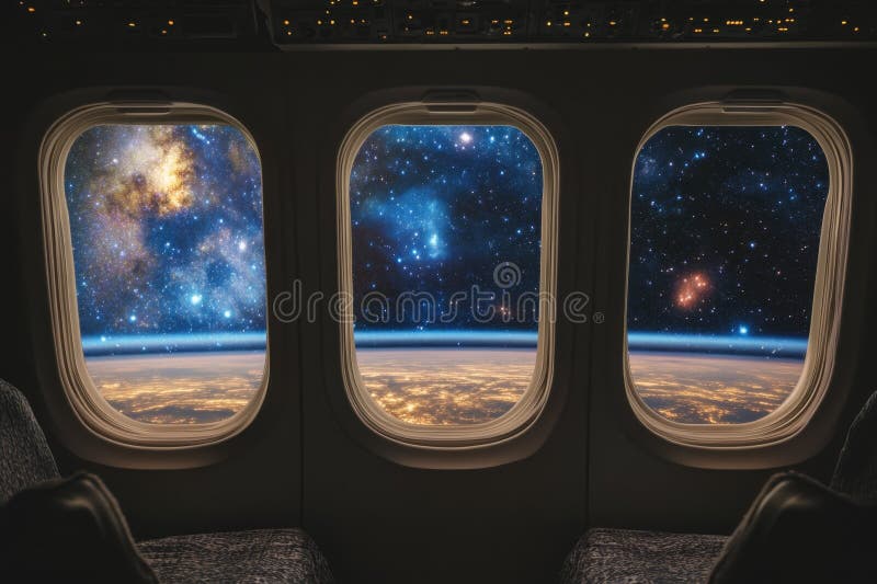 View of the Earth and Outer Space from an Airplane Window at Night ...