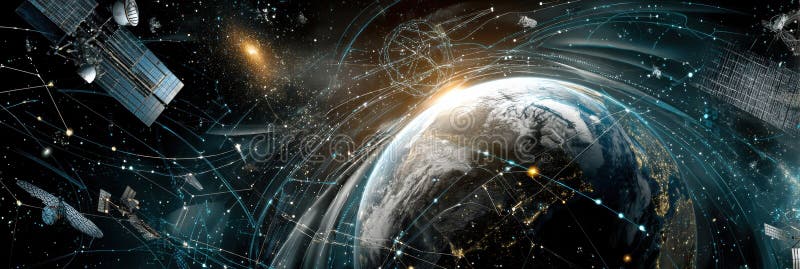 View of Earth from Space with Digital Satellites and Flowing Data ...