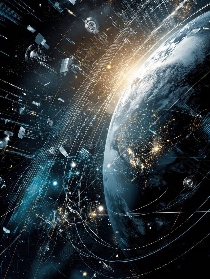View of Earth from Space with Digital Satellites and Flowing Data ...