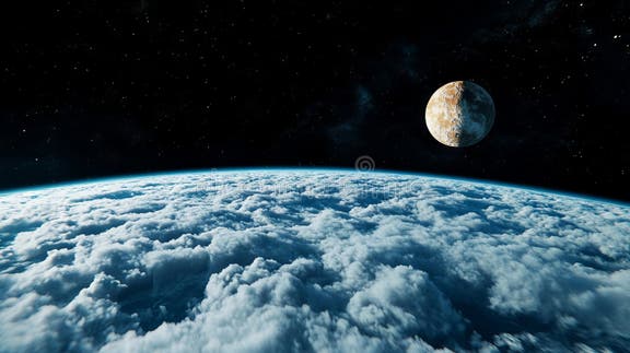 A View of the Earth from Space with a Moon in the Background Stock ...