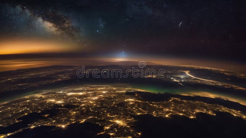 A View of Earth from Space Showing City Lights and the Milky Way Stock ...