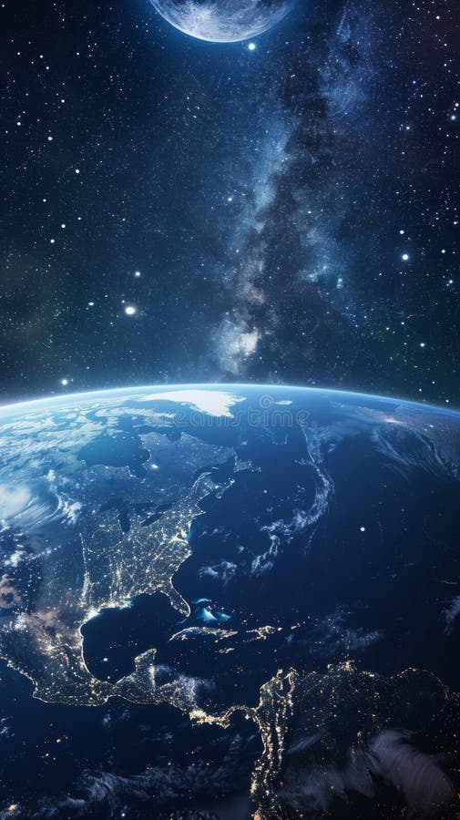 View of Earth from Space with Stars and Milky Way Galaxy, Cosmos ...