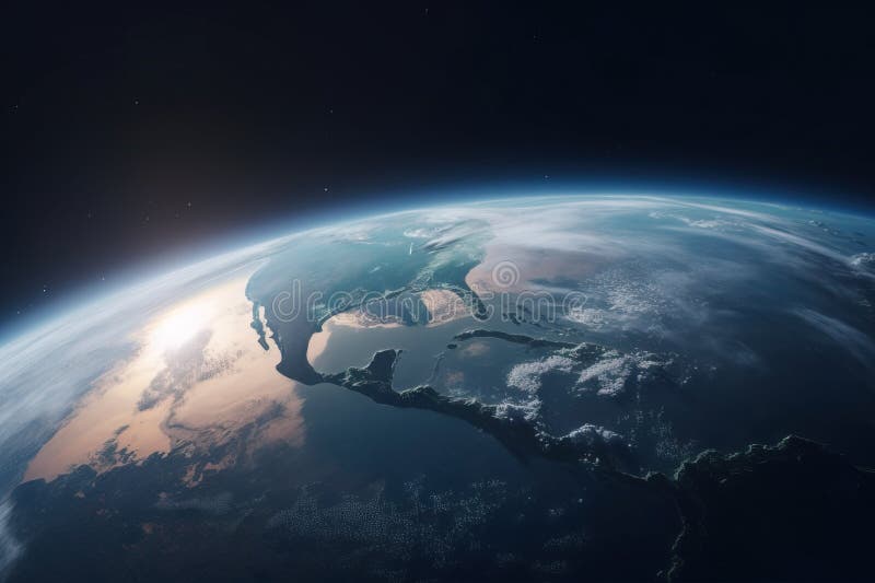 A View of the Earth from Space with the Sun in the Distance and Clouds ...