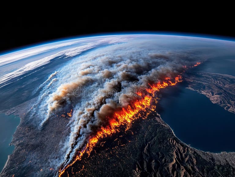 A View of the Earth from Space with a Volcano Erupting from the Top of ...