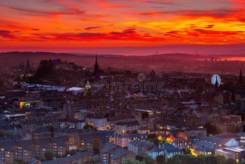 View of Edinburgh City with Beautiful Orange Sunset Sky Stock Image ...