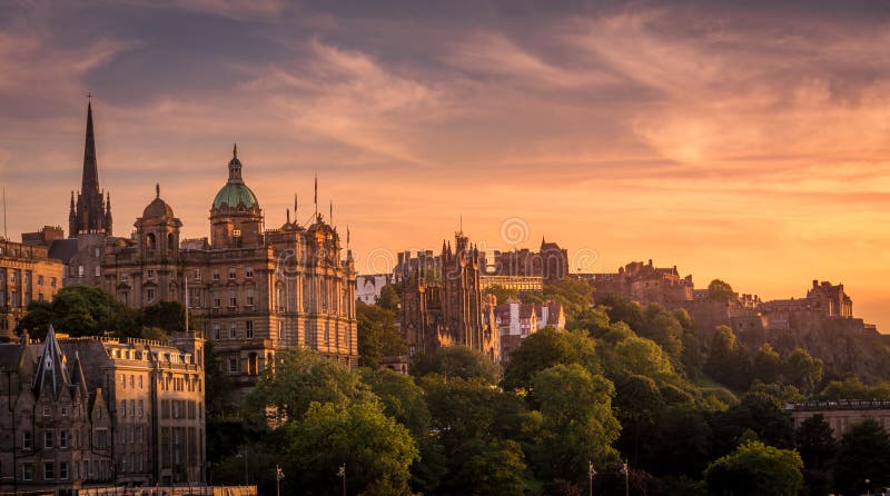 View of Edinburgh in Sunset Light from the Side Stock Photo - Image of ...