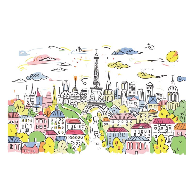 View of the Eiffel Tower, Paris France in a Hand Drawn Sketch Style ...