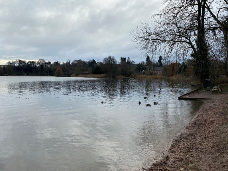 Ellesmere Lake and Lone Park Bench, Shropshire, England Stock Image ...