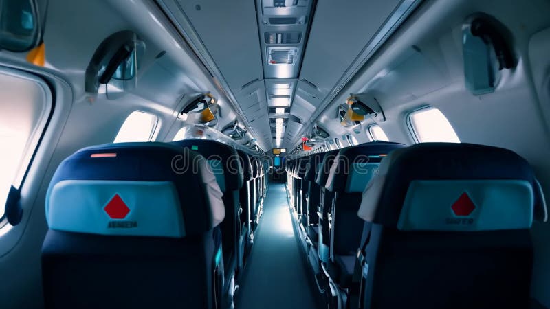 A View of an Empty Airplane Interior with Rows of Seats, Overhead ...
