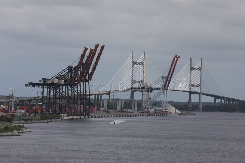 View of Empty Cargo Ship Terminal in Usa, Unloading Crane of Cargo Ship ...