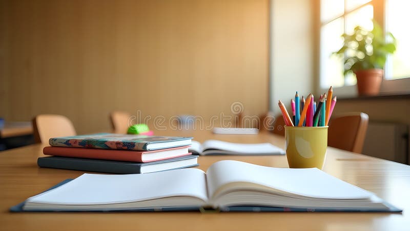 Empty Classroom with Open Notebooks and a Cup of Pencils on the Desk ...