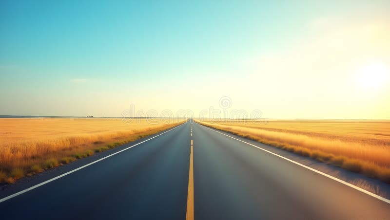 An Empty Highway Cutting through Endless Fields of Golden Wheat Under a ...