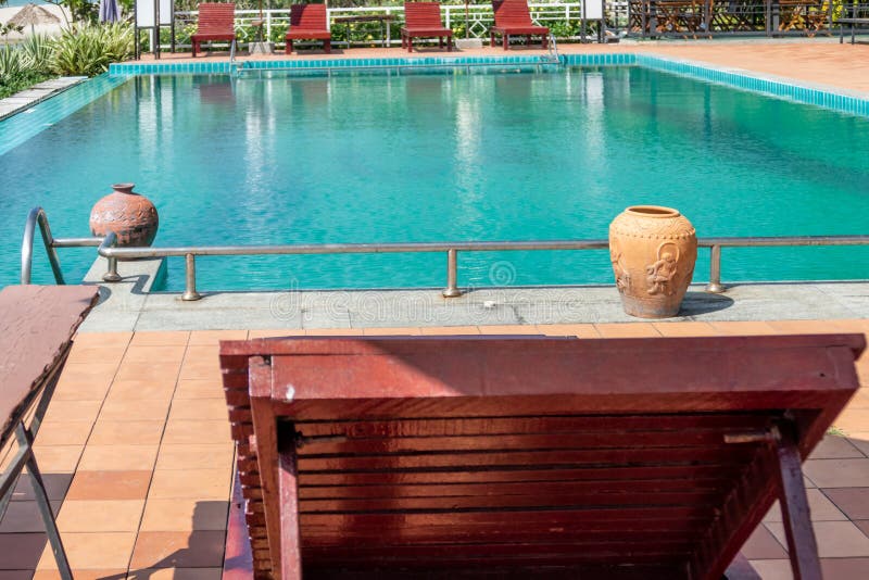 View of Empty Pool from Deck Chair Stock Photo - Image of relax, green ...