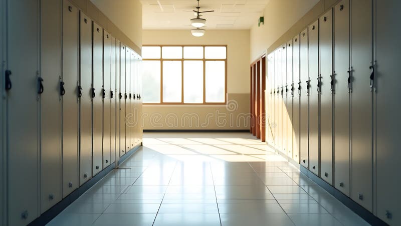 Empty School Hallway with Rows of Lockers, Clean Tiles, and Natural ...