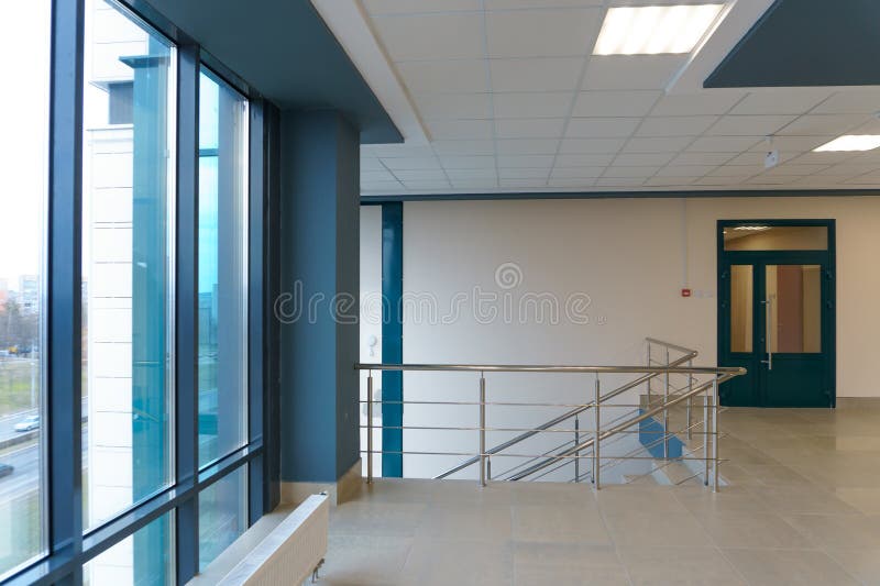 View of the Empty Spacious Hall with Large Panoramic Windows. Modern ...