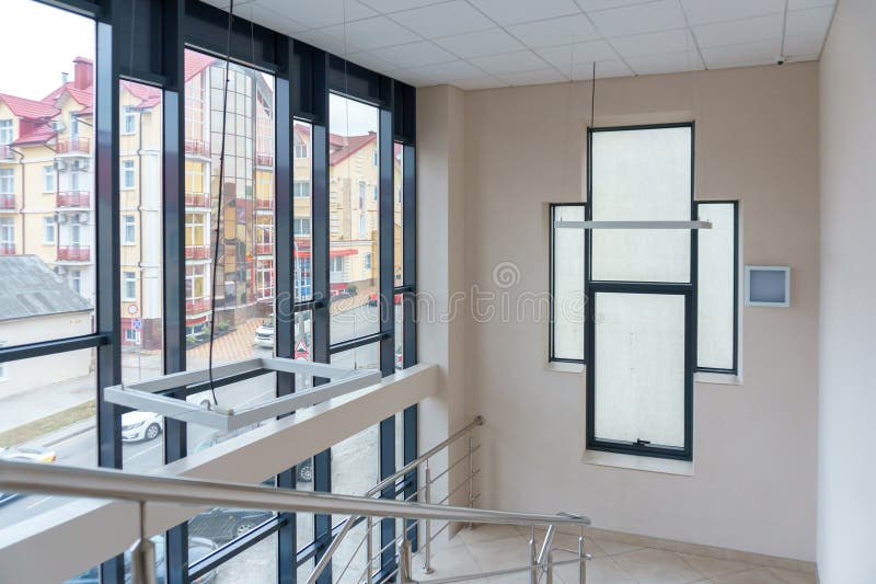 View of the Empty Spacious Hall with Large Panoramic Windows. Modern ...