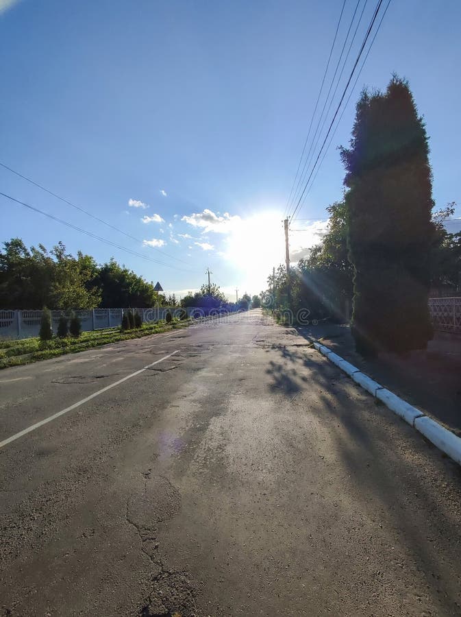 A View of an Empty Street with the Sun Shining through the Trees Stock ...