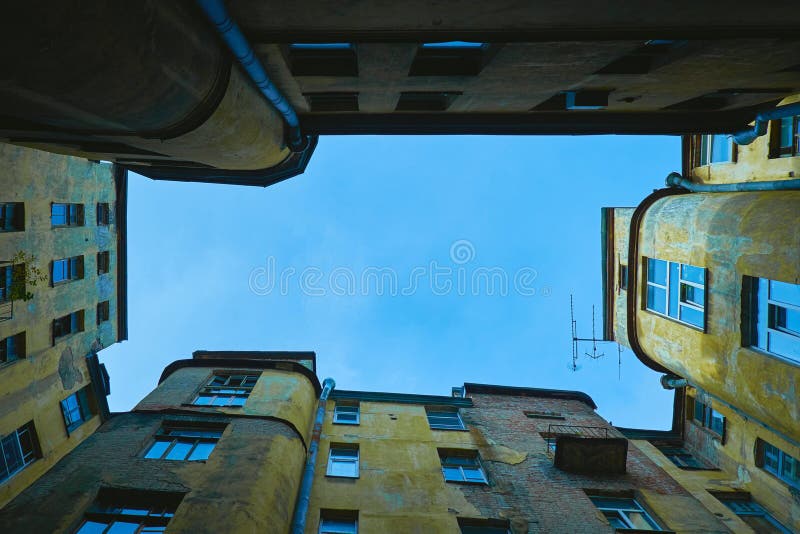 View of Enclosed Courtyard-well of Apartment Old House, View Bottom ...