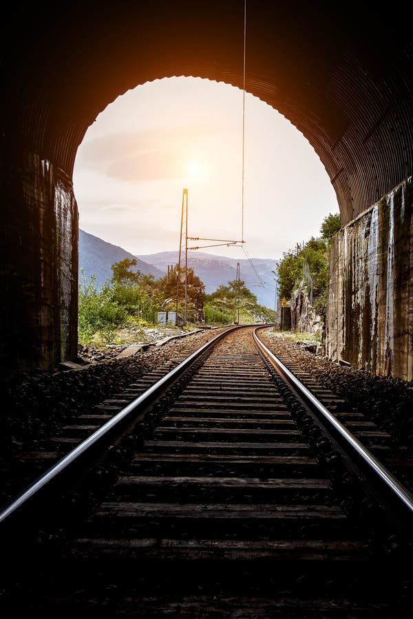 View of the End of the Tunnel. Rail Track. Railway Stock Image - Image ...