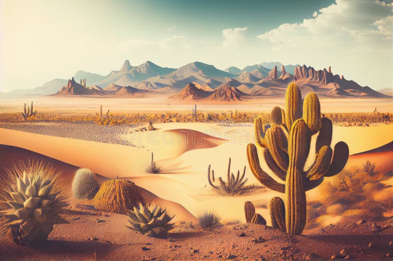 View of Endless Desert with Cactus and Sand Dunes in the Foreground ...