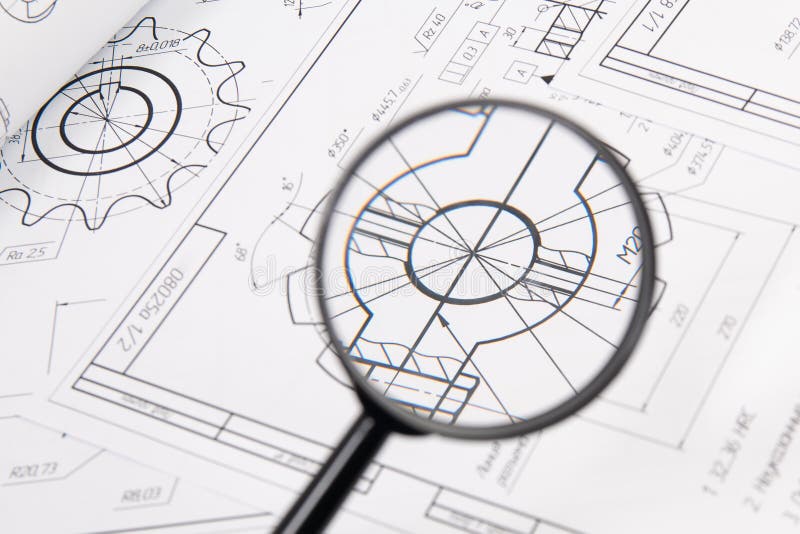 View of Engineering Drawings through a Magnifying Glass Stock Photo ...