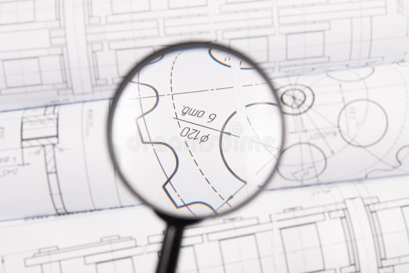 View of Engineering Drawings through a Magnifying Glass Stock Photo ...