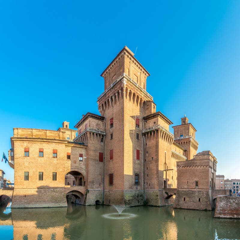 View at the Estense Castle with Moat in Ferrara - Italy Stock Photo ...