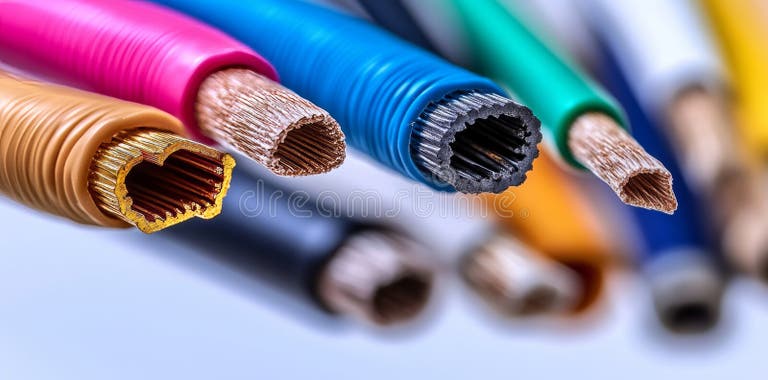 View of Exposed Copper Ends of Multicolored Electrical Wires in Macro ...
