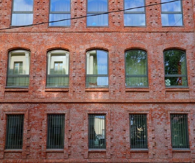 View of Facade of Historical Red Brick Building Arched Windows Stock ...
