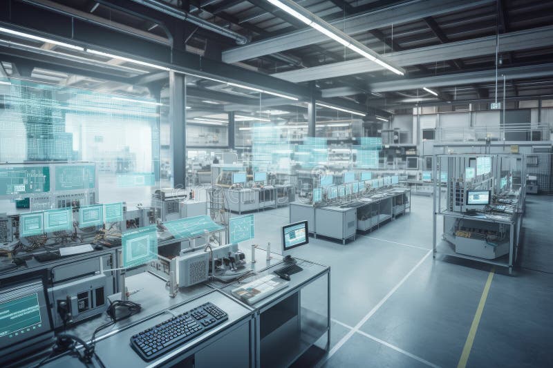 A View of a Factory Floor, with Iot Sensors and Monitors Tracking the ...