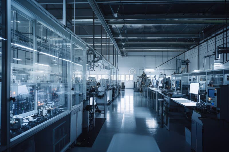 A View of a Factory Floor, with Iot Sensors and Monitors Tracking the ...