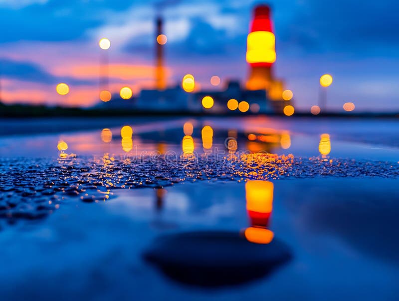A View of a Factory at Night with a Reflection in the Water Stock Image ...
